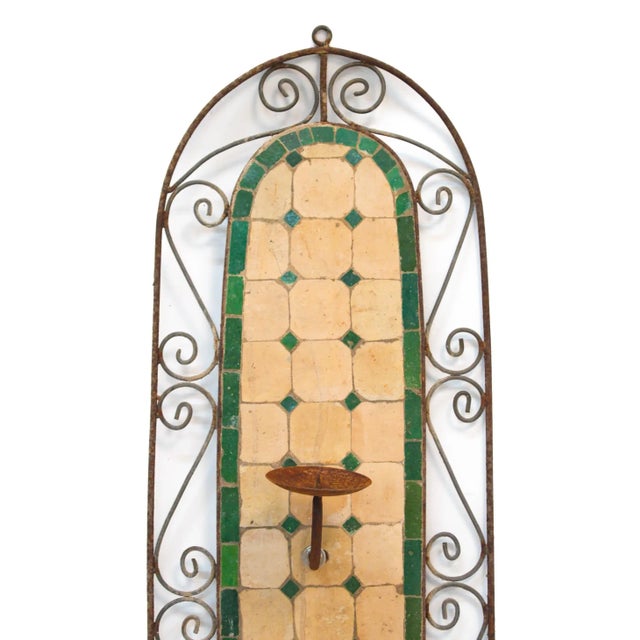 Terracotta Tile Wall Sconce With Candle Cup Green Accents | Chairish