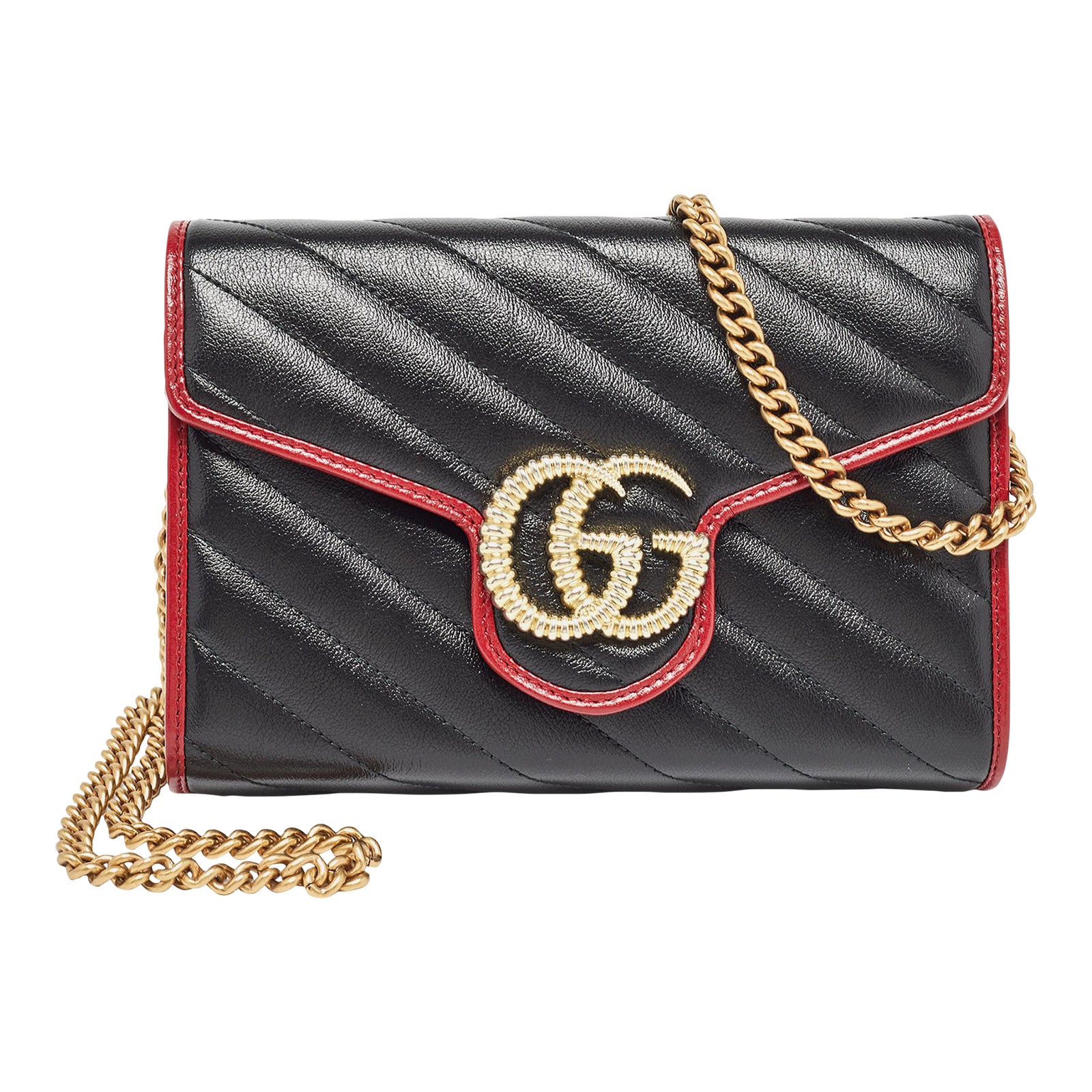 Gucci Black/Red Diagonal Quilt Leather Gg Marmont Torchon Wallet On ...