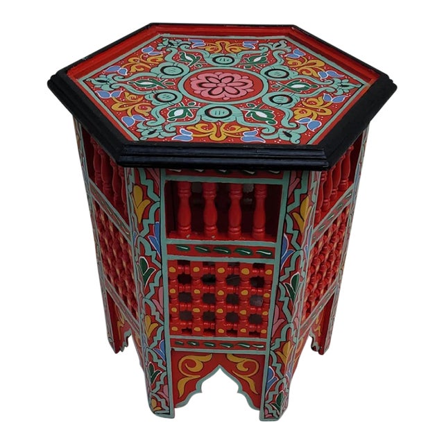 Moroccan Hexagonal Hand Painted Wooden Musharrabi Red Side Table | Chairish