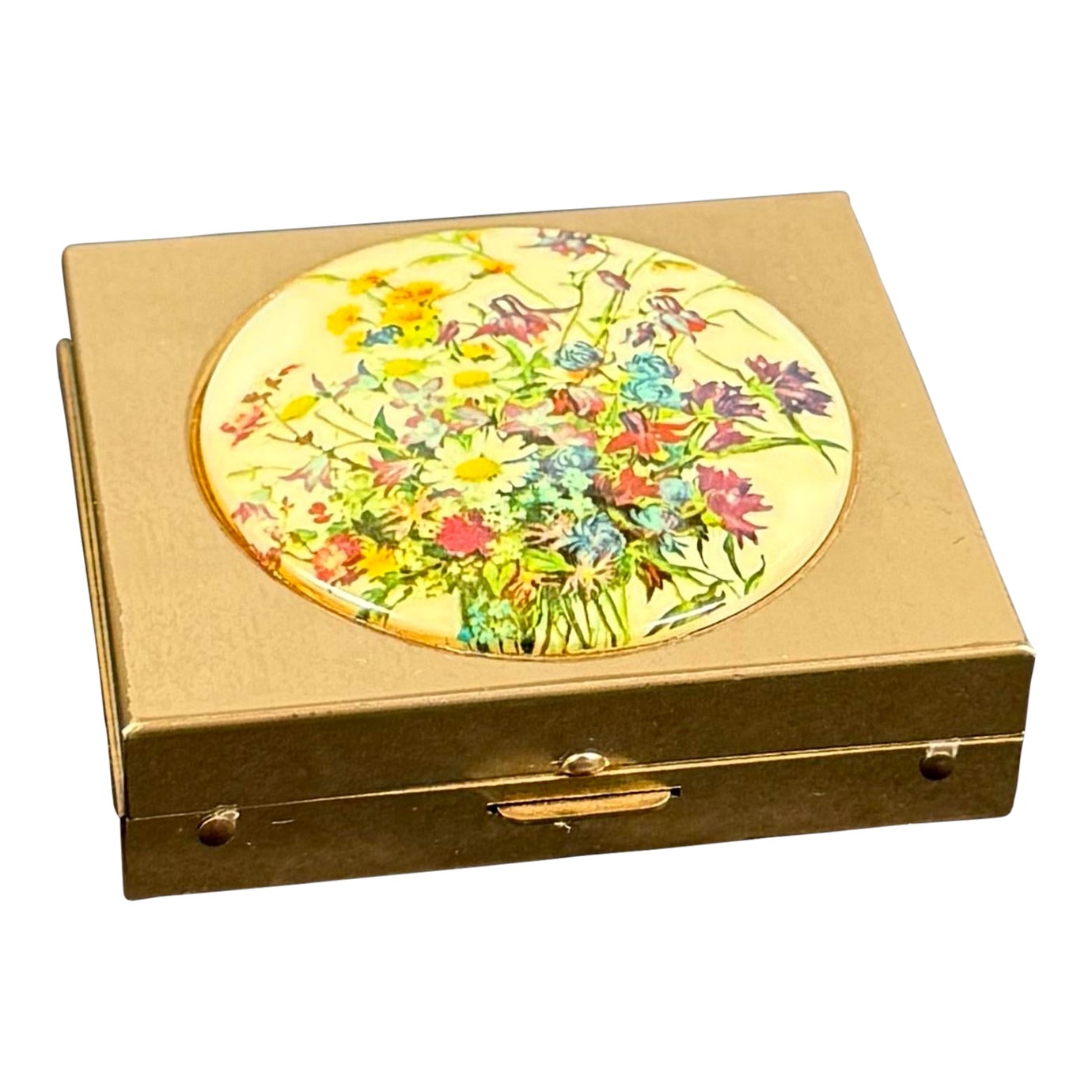 1950s Vintage Gold & Enamel Powder Compact Mirror / Pill Box | Chairish