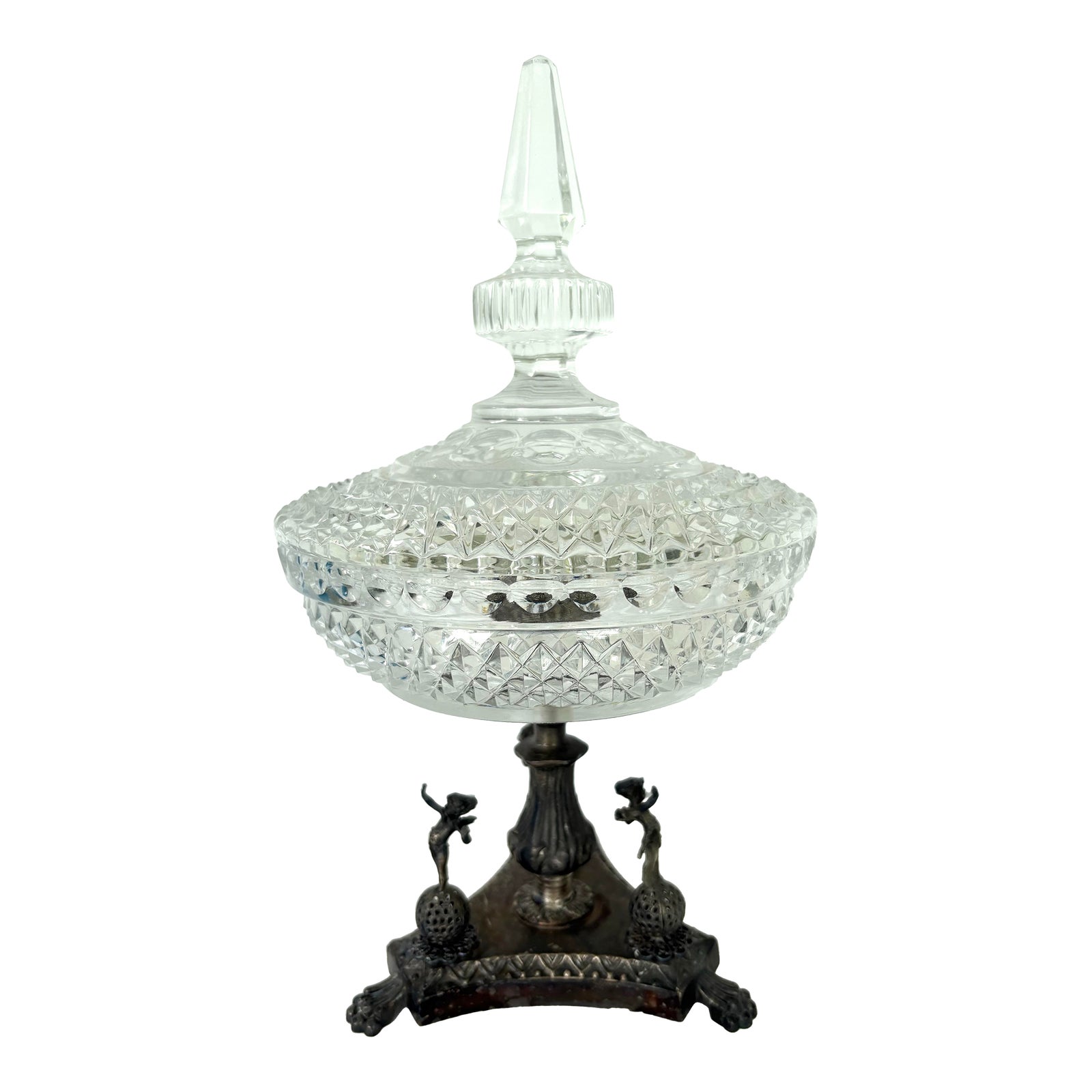 Beyer Antique German Hand-Cut Lead Crystal Candy Dish on Ornate Metal ...