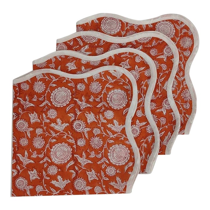Handmade Scalloped Orange Botanical Napkins with White Piping - Set of ...