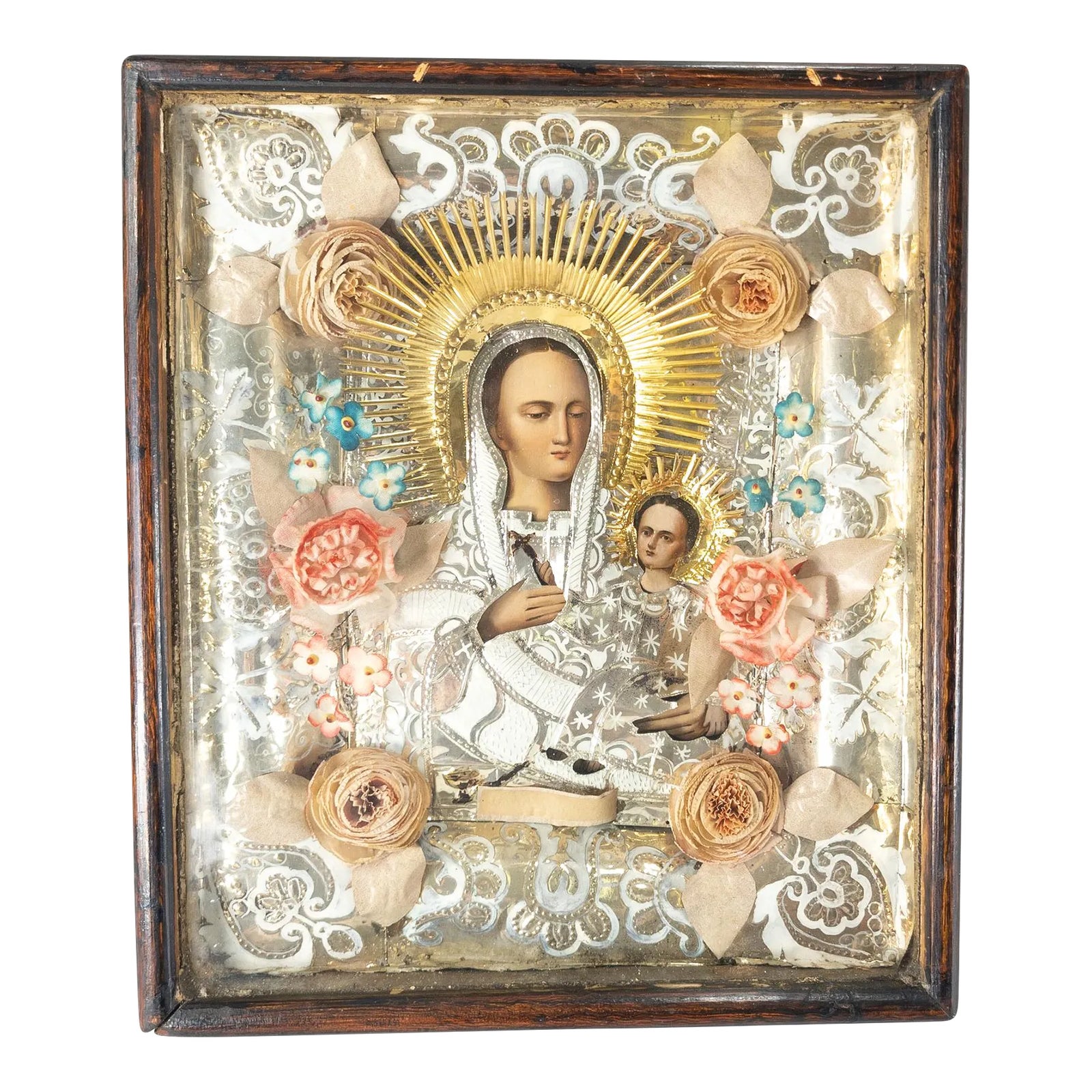 19th Century Spanish Colonial Religious Icon Retablo in Shadowbox ...