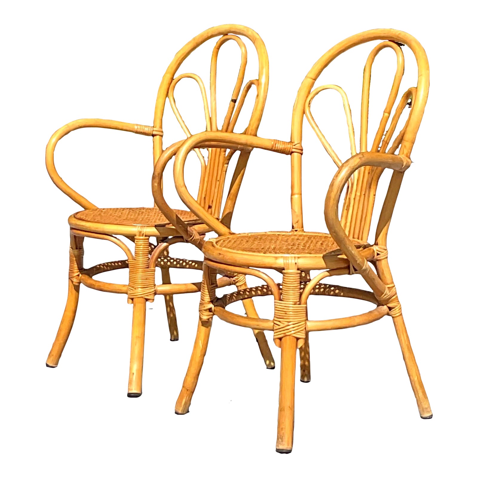 Vintage Coastal Loop Rattan and Cane Arm Chairs - a Pair | Chairish