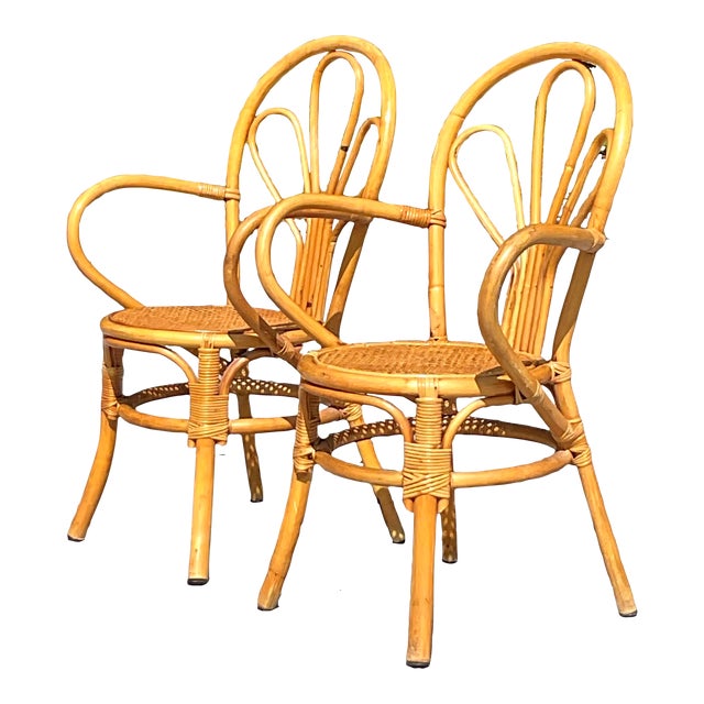 Vintage Coastal Loop Rattan and Cane Arm Chairs - a Pair | Chairish