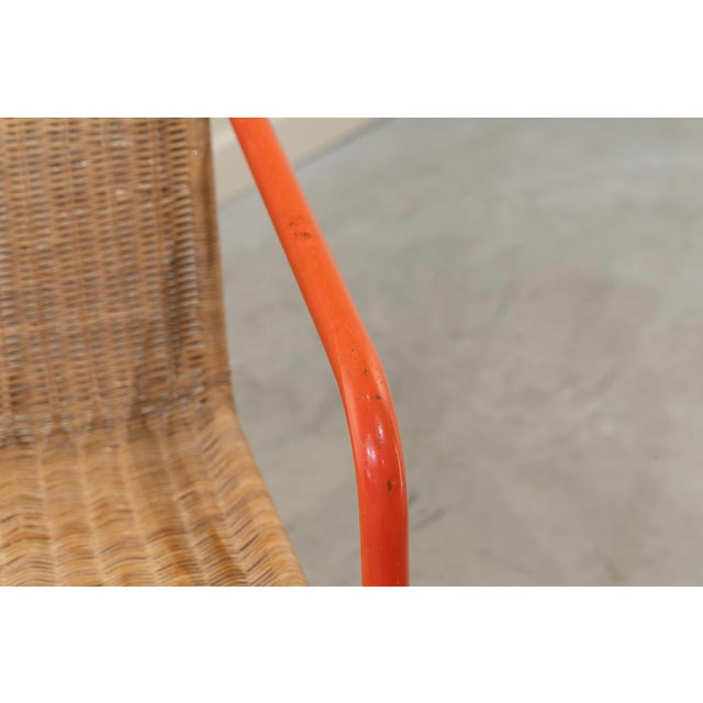 Mid-Century French Orange Polychrome Tubular Steel Chair with Rush Seat ...