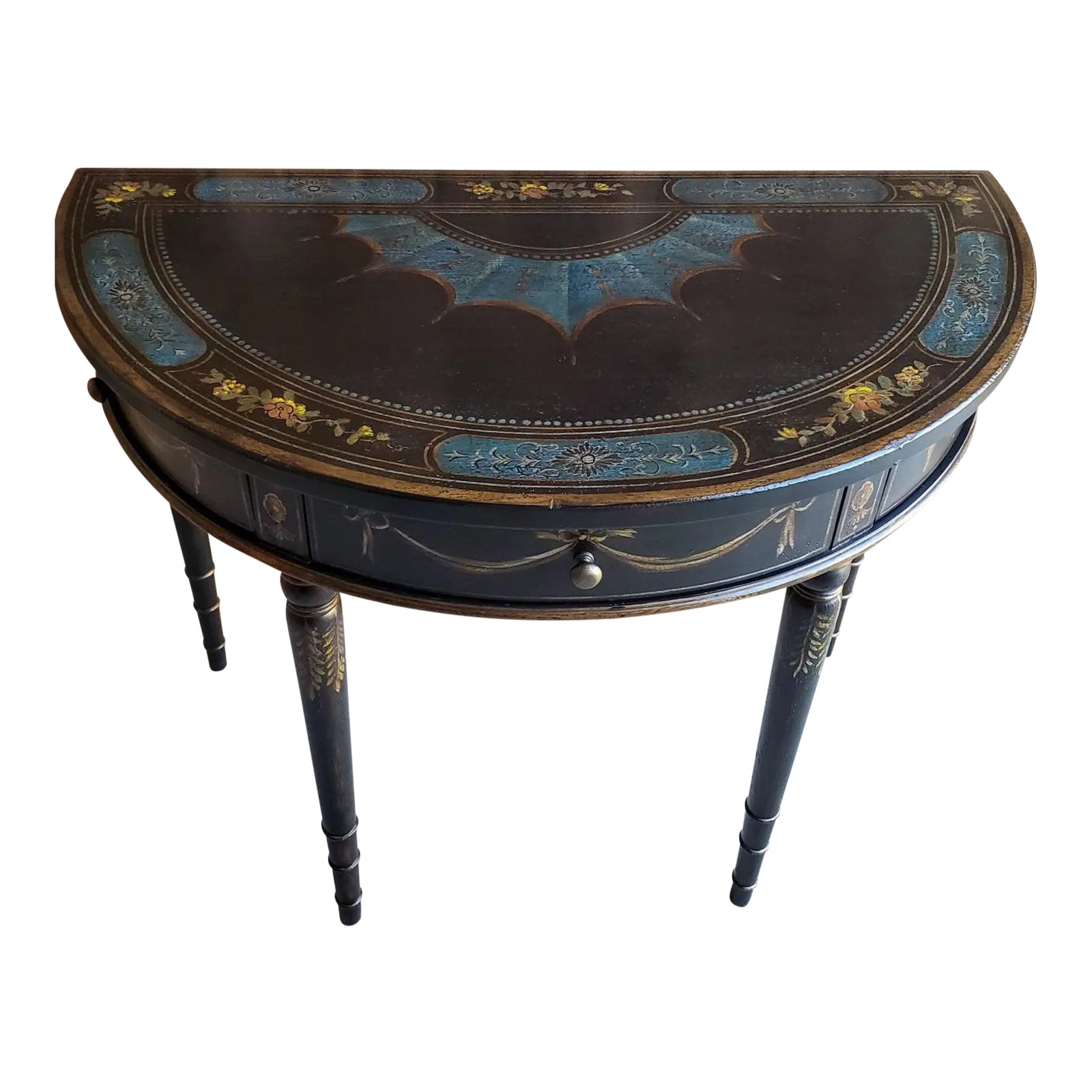 Lane Venture Bespoke Black & Gilt Painted Demilune Console Table | Chairish