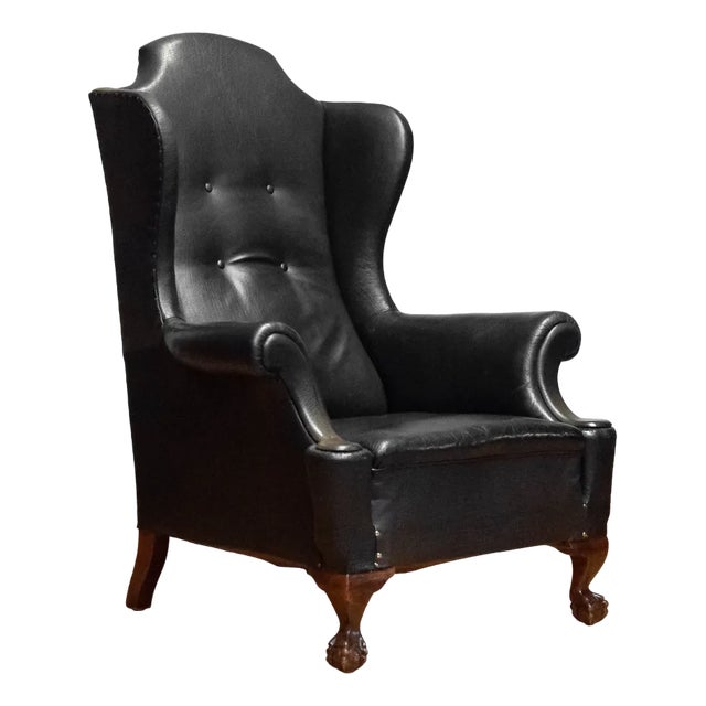 19th Century Black Leather Chippendale Wingback Chair with Claw and ...