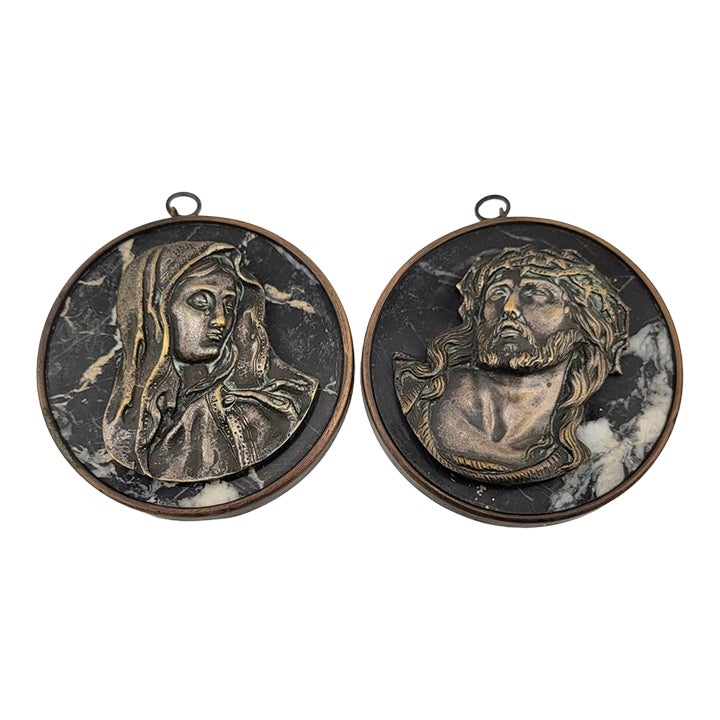 Rare One Of Kind Antique Jesus & Mary Wall Hanging Bronze & Green ...