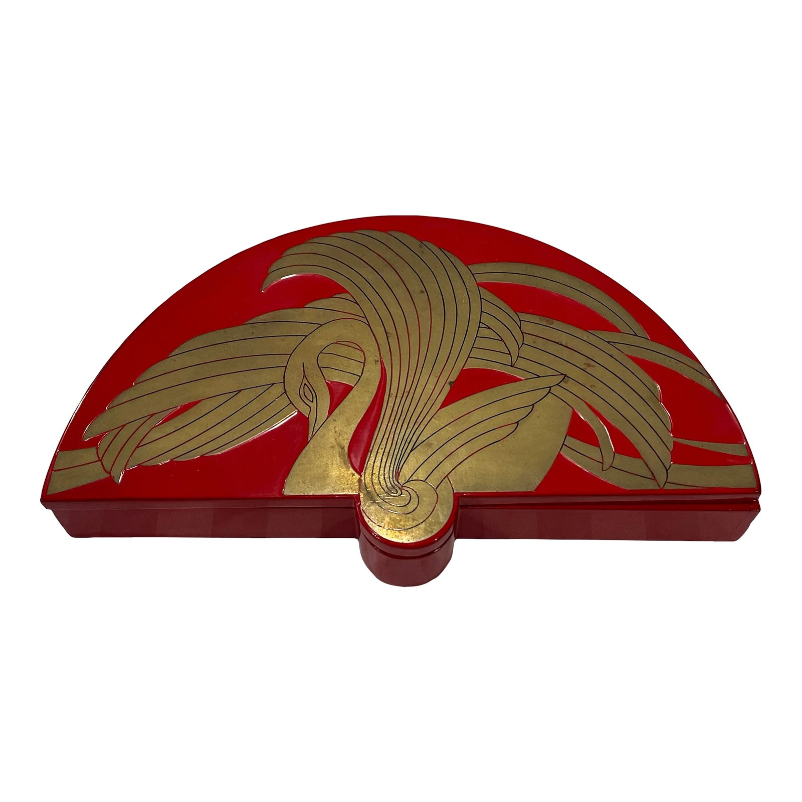 Red Lacquer Fan Shaped Box With Brass Swan Bird Design, 1970s | Chairish