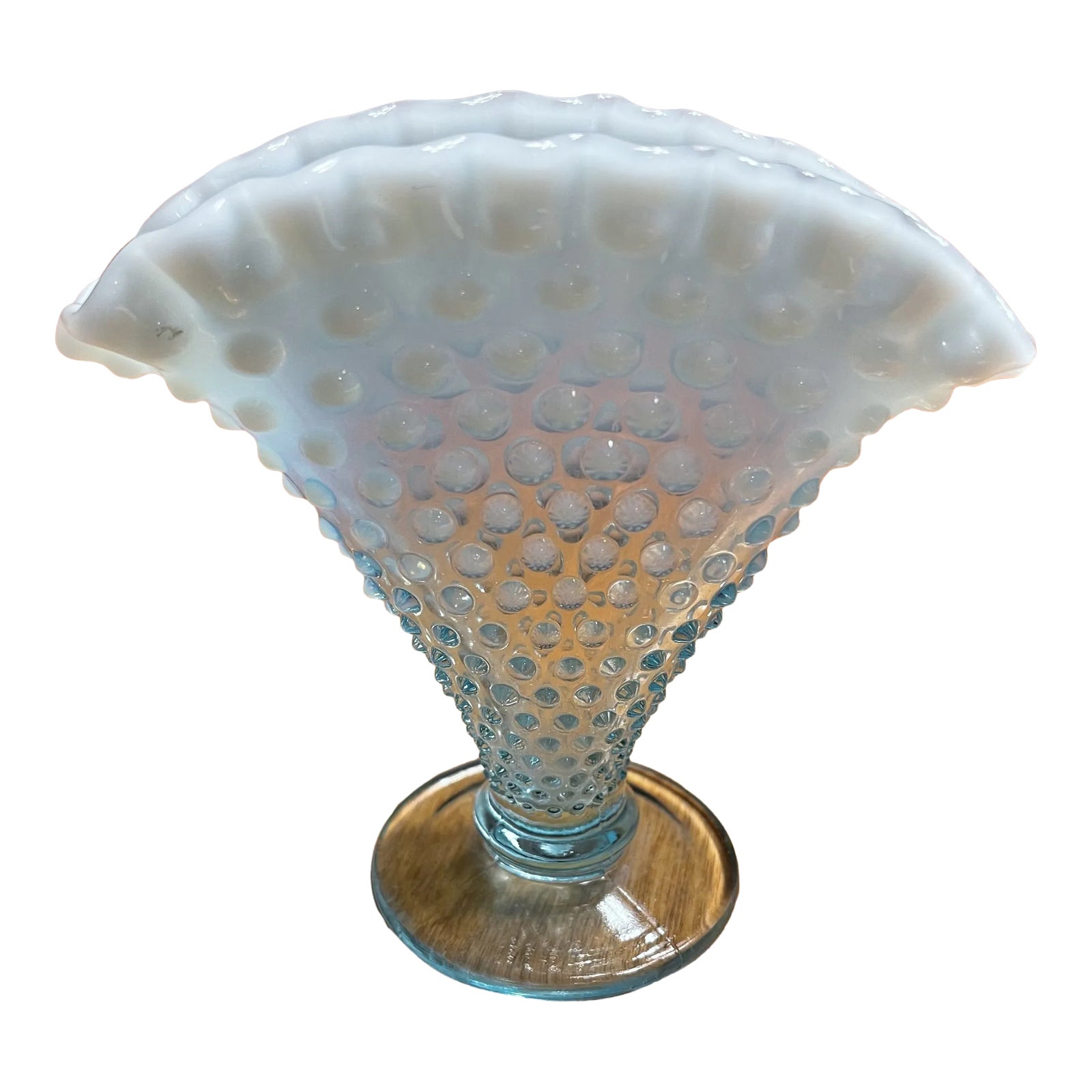 Vintage 1940s Fenton Blue Opalescent Glass Hobnail Fan Vase Ruffled Rim