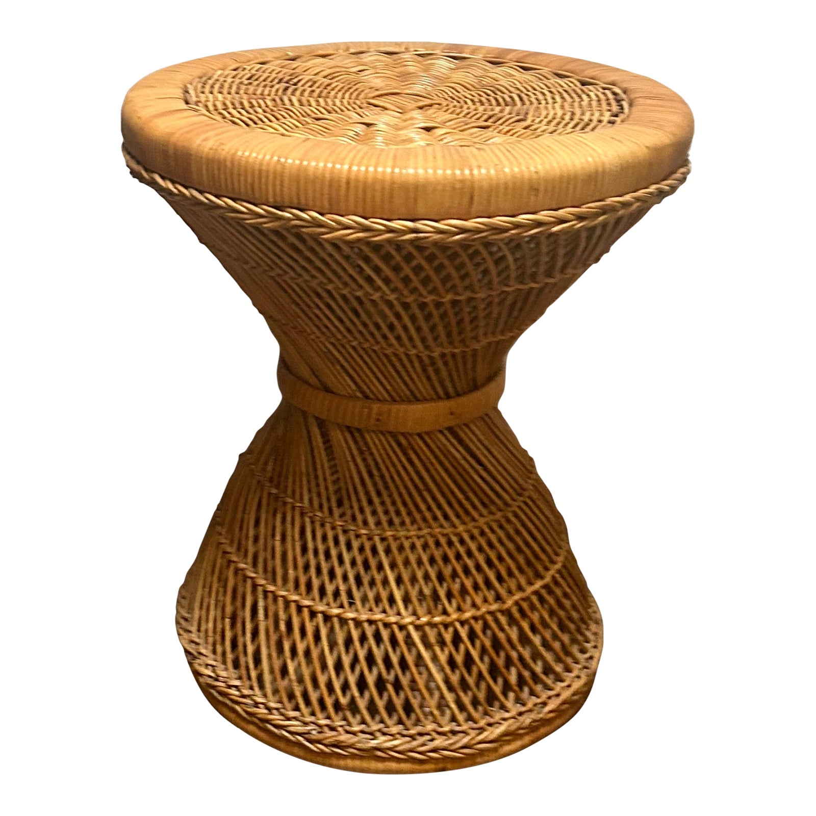 1960s Boho Coastal Chic Wicker Rattan Hourglass Side Table | Chairish