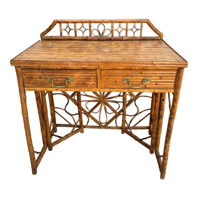 Mid 20th Century Vintage Burnt Bamboo Writing Desk | Chairish