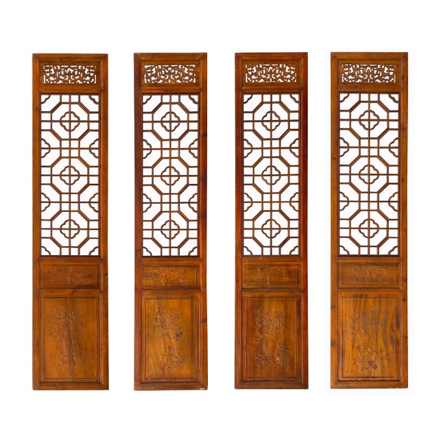 Chinese Brown Geometric Pattern Theme Wood Panel Floor Screen 4pcs ...