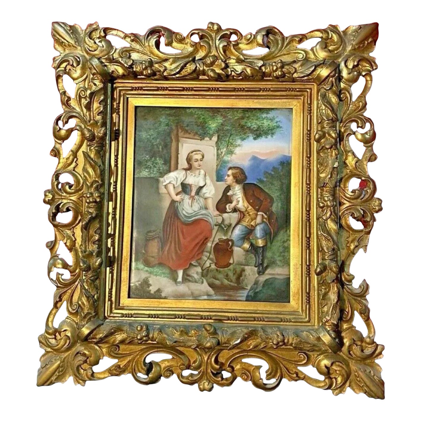 Victorian Hand Painted Porcelain Plaque Genre Scene of Couple at a Well ...