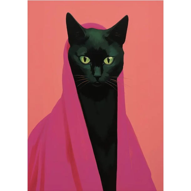 Vibrant Black Cat Portrait With Fuchsia Cloak on Coral Background ...
