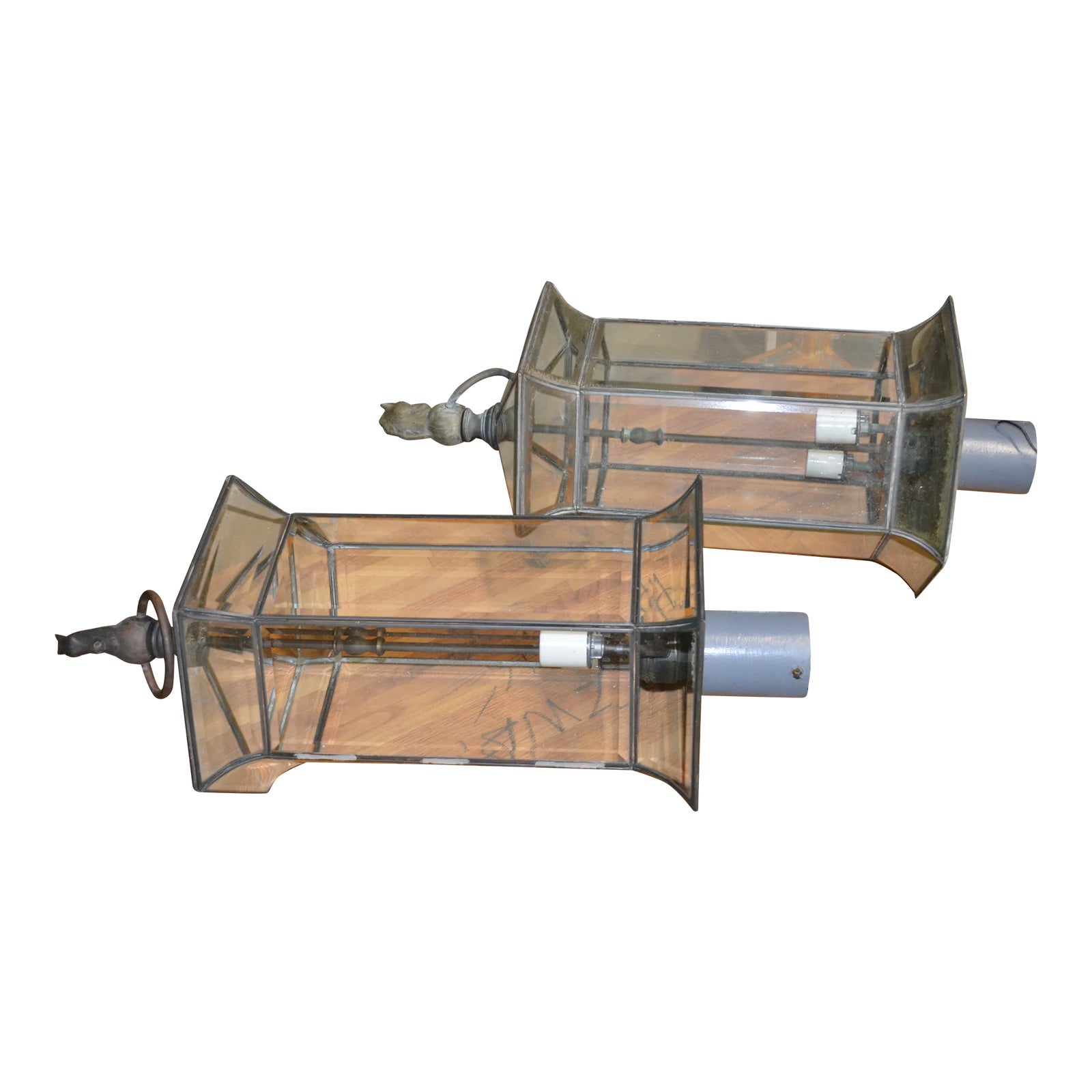 Pair 1980s Large Lamp Post Lanterns LightsGlass & Metal Hexagon With ...