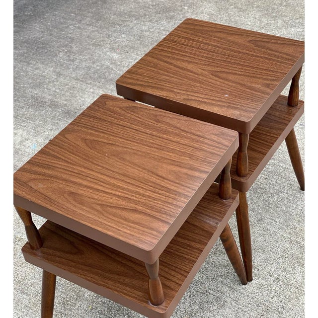 Mid-Century Atomic Walnut Sculptural Tiered End Tables - a Pair | Chairish