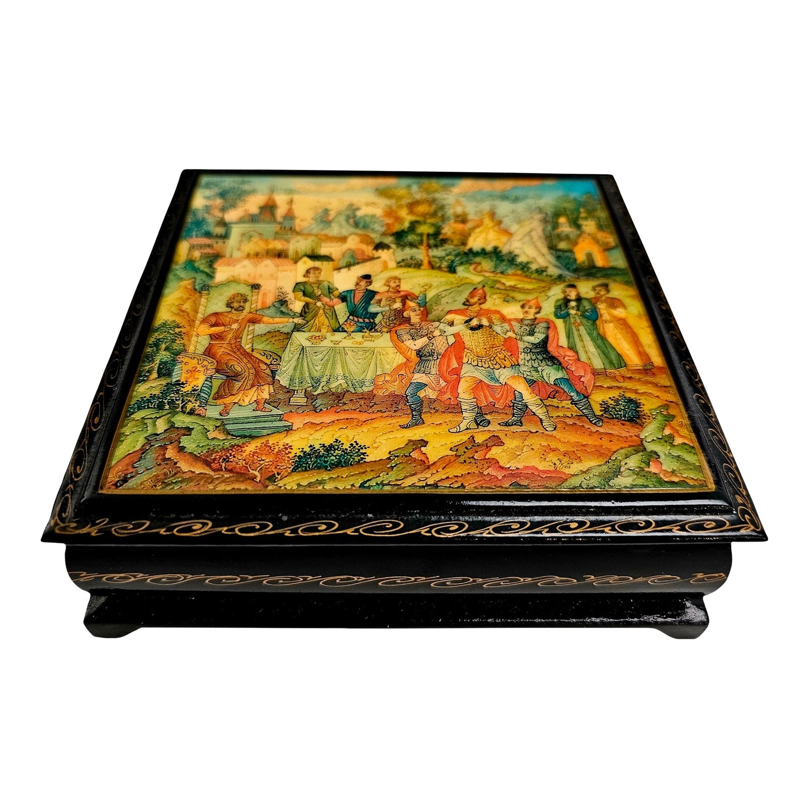 Russian Square Wood Trinket Lacquer Box | Chairish