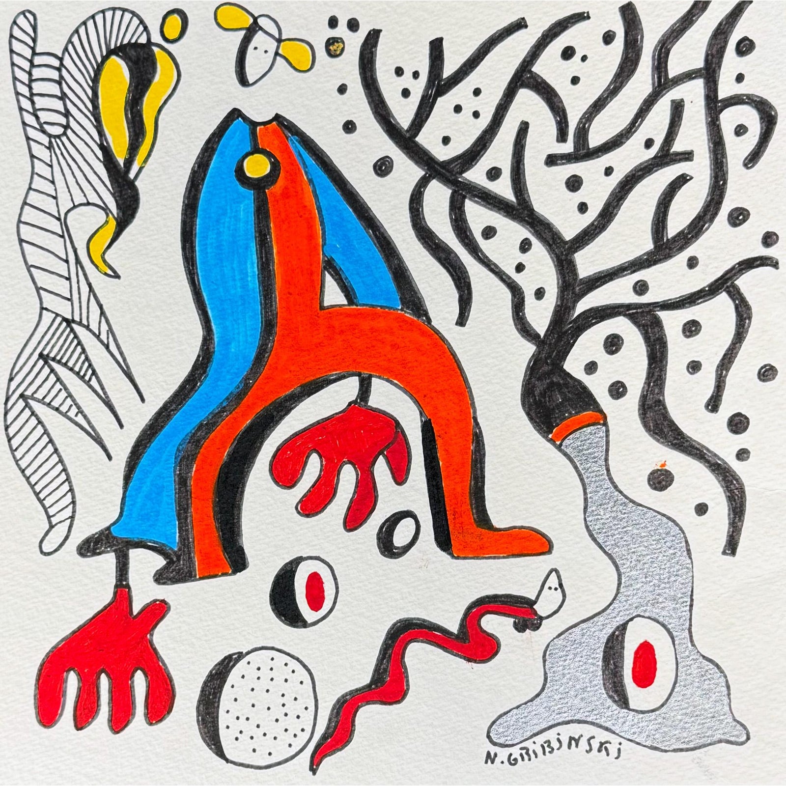 Electric Garden — Small Abstract Figurative Drawing (8 X 8 In, 2025 ...