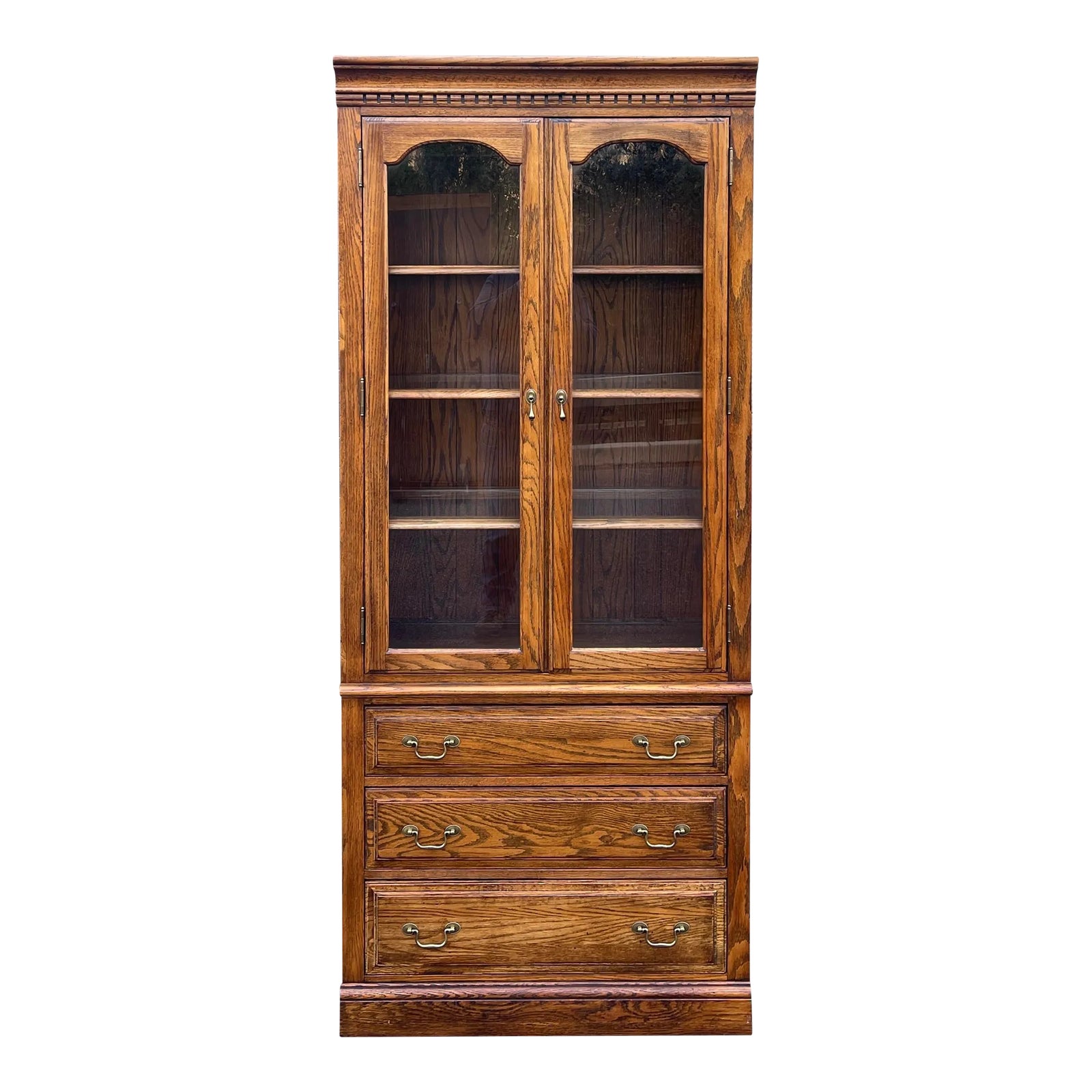 1980s Knob Creek Traditional Solid Oak 3 Drawer Bookcase Unit or ...