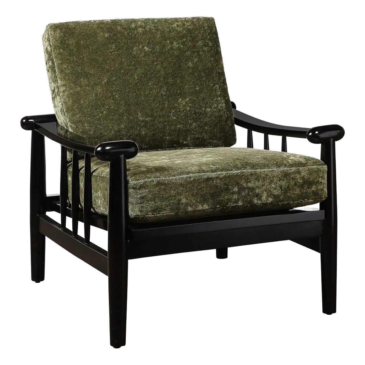 Mid-Century Sculptural Ebonized Walnut & Green Fabric Rounded Pommel ...