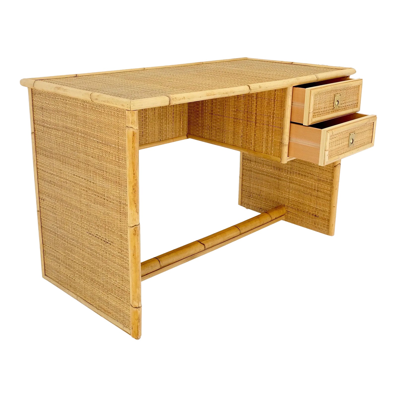 Mid-Century Modern Bamboo Rattan Cane Two Drawers Brass Pulls ...