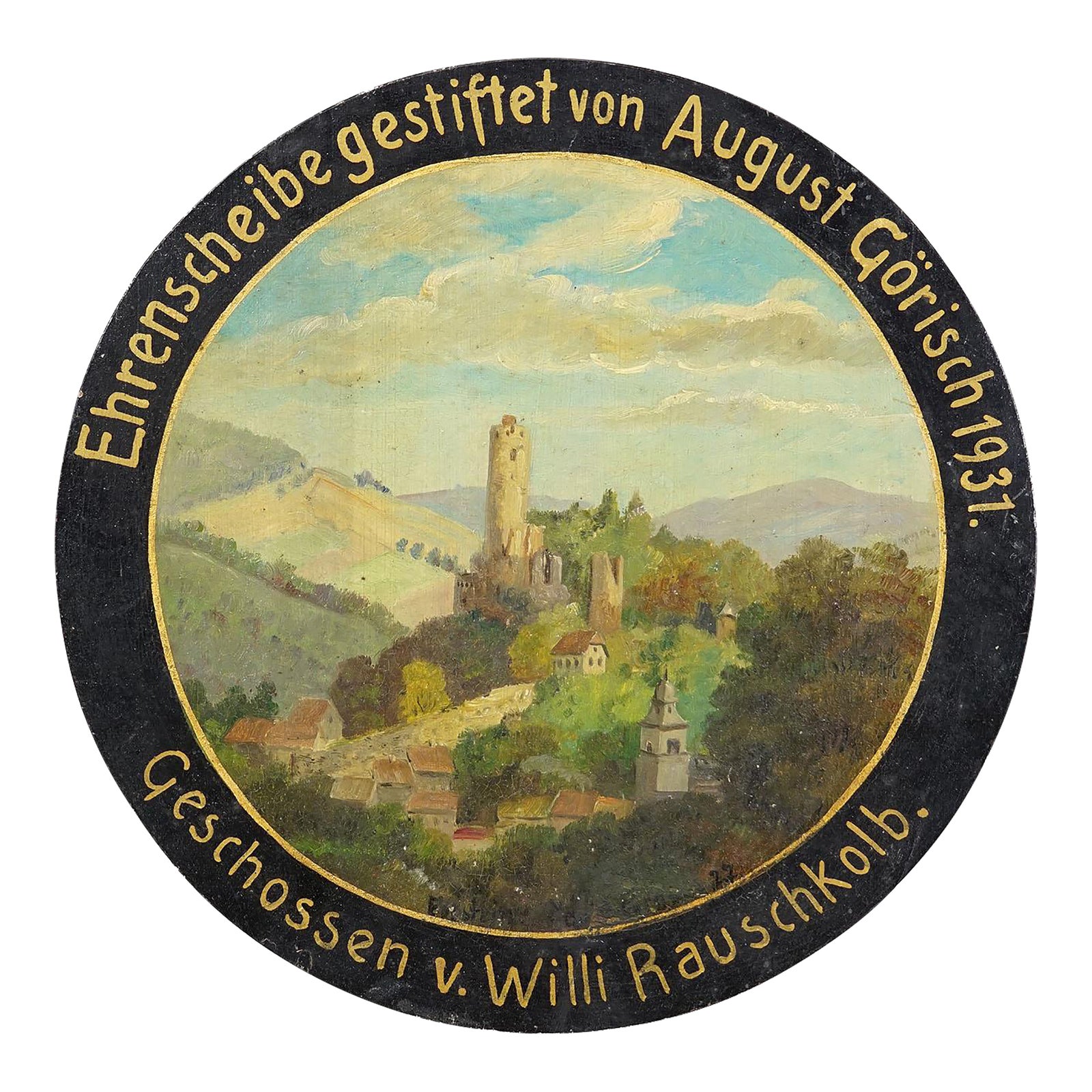 Antique Hand-Painted Shooting Target With Castle Eppstein | Chairish