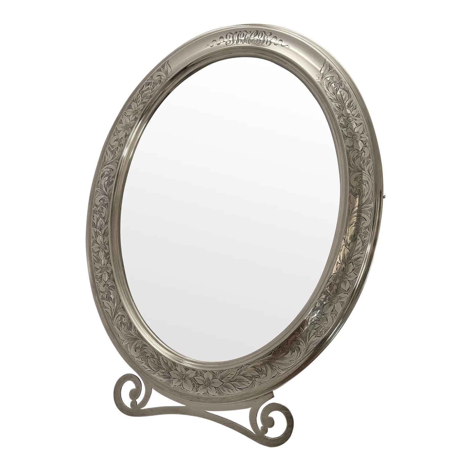 Large Antique Sterling Silver Oval Frame / Table Mirror (10.5 X 13.5 ...