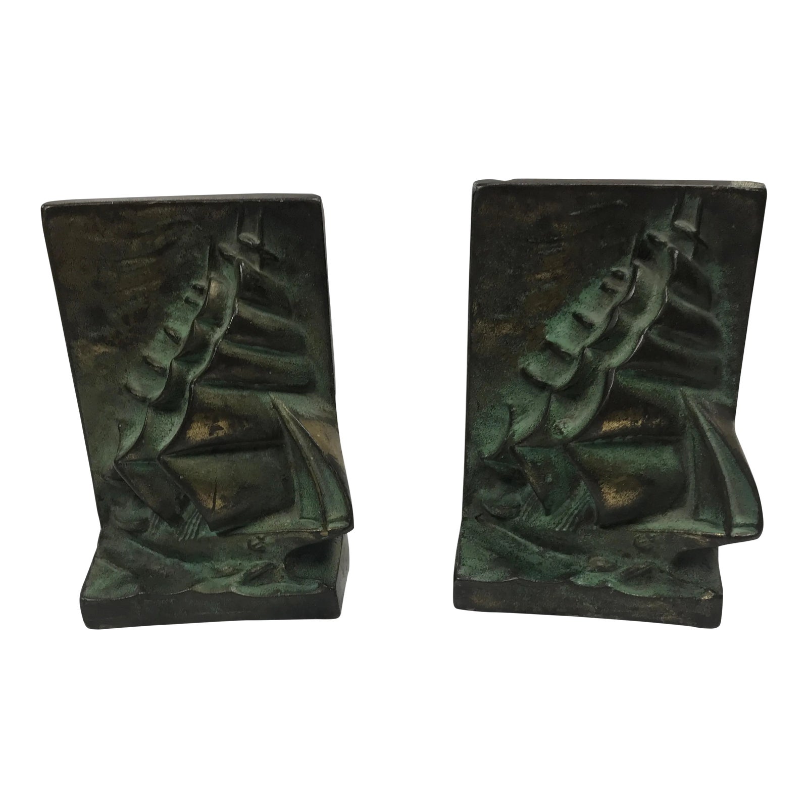 1930s Americana Bronze Sailing Ship Bookends - a Pair | Chairish