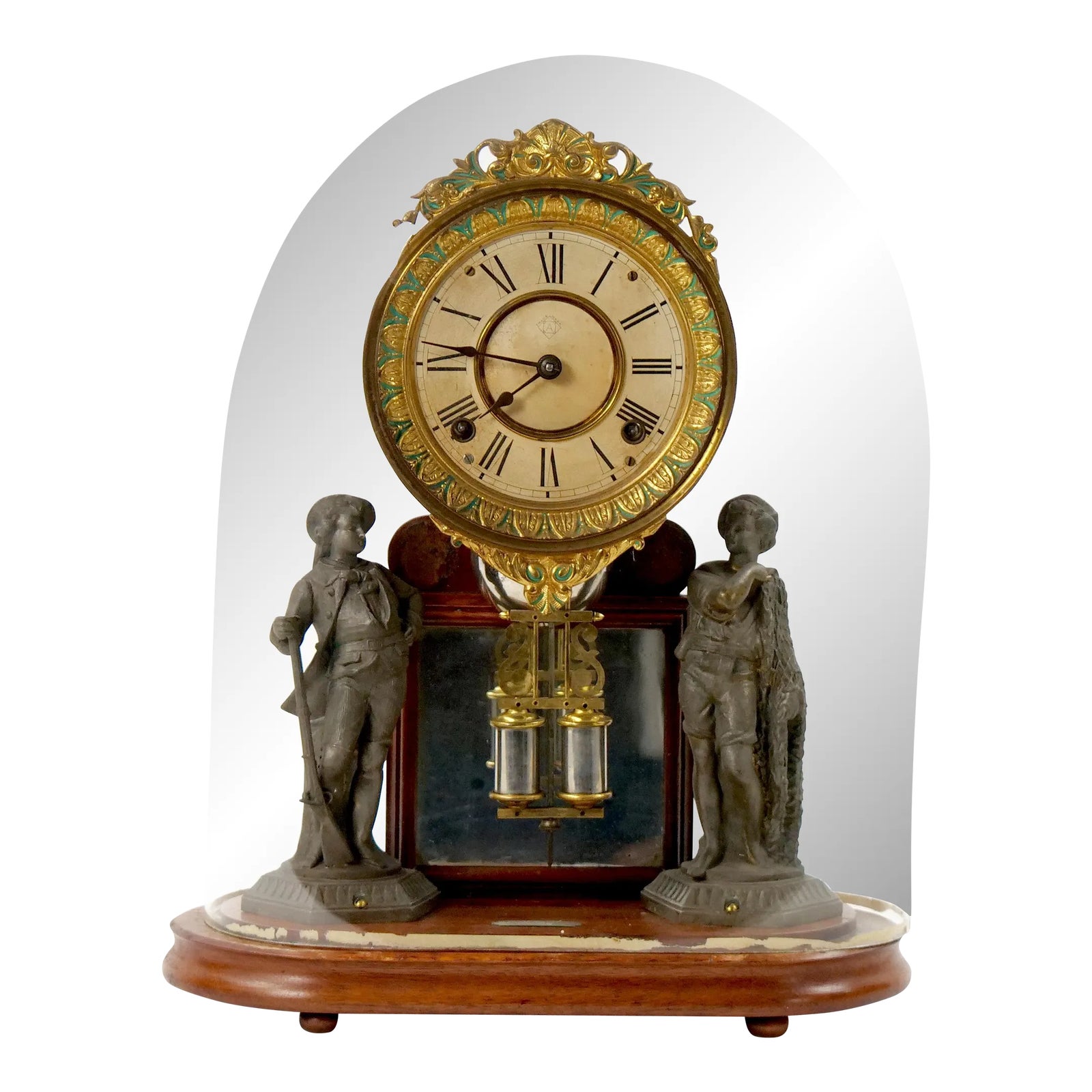 Glass Dome Bronze / Wood Base Porcelain Face Mantel Clock | Chairish