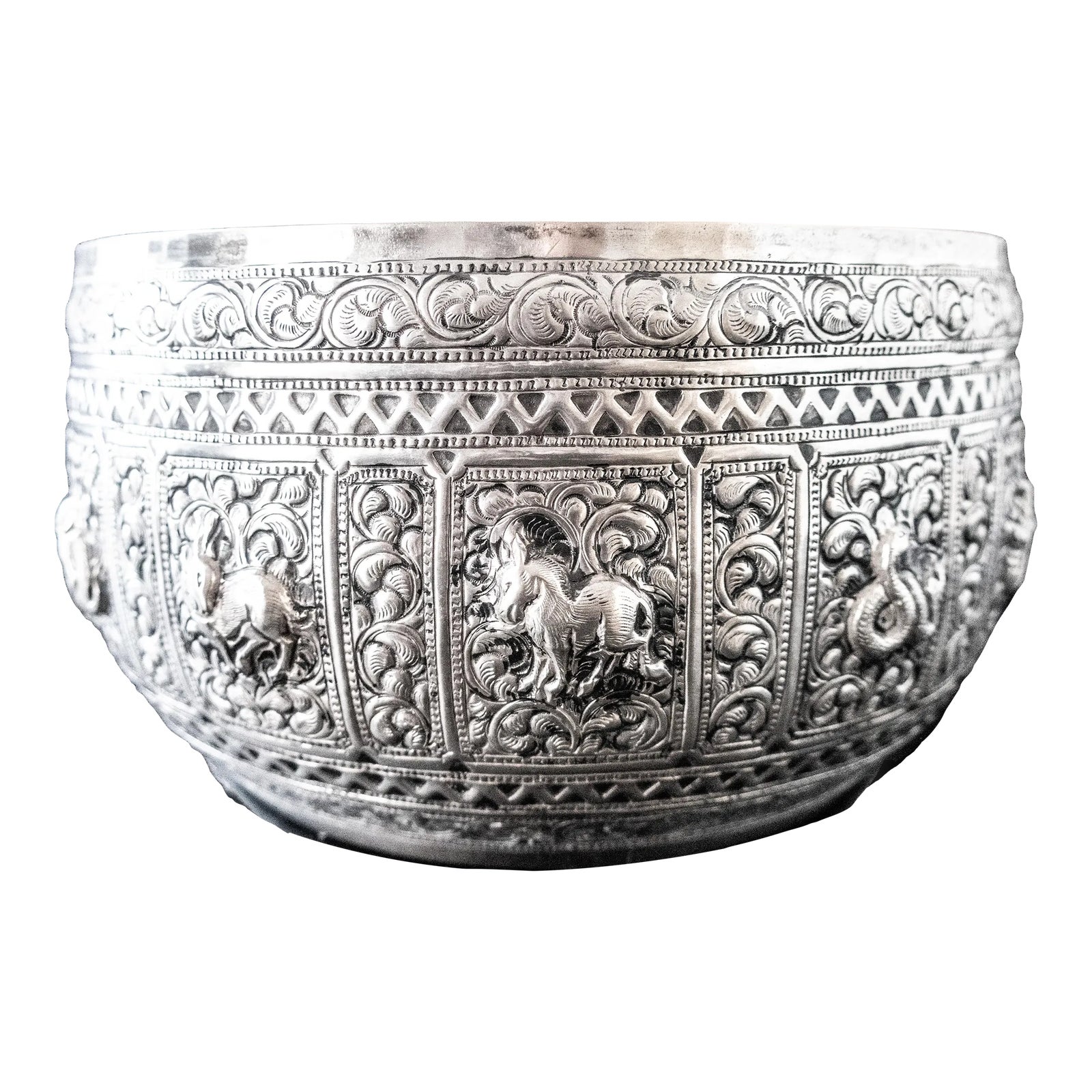 1860 Thai Silver Offering Bowl Repousse Zodiac | Chairish