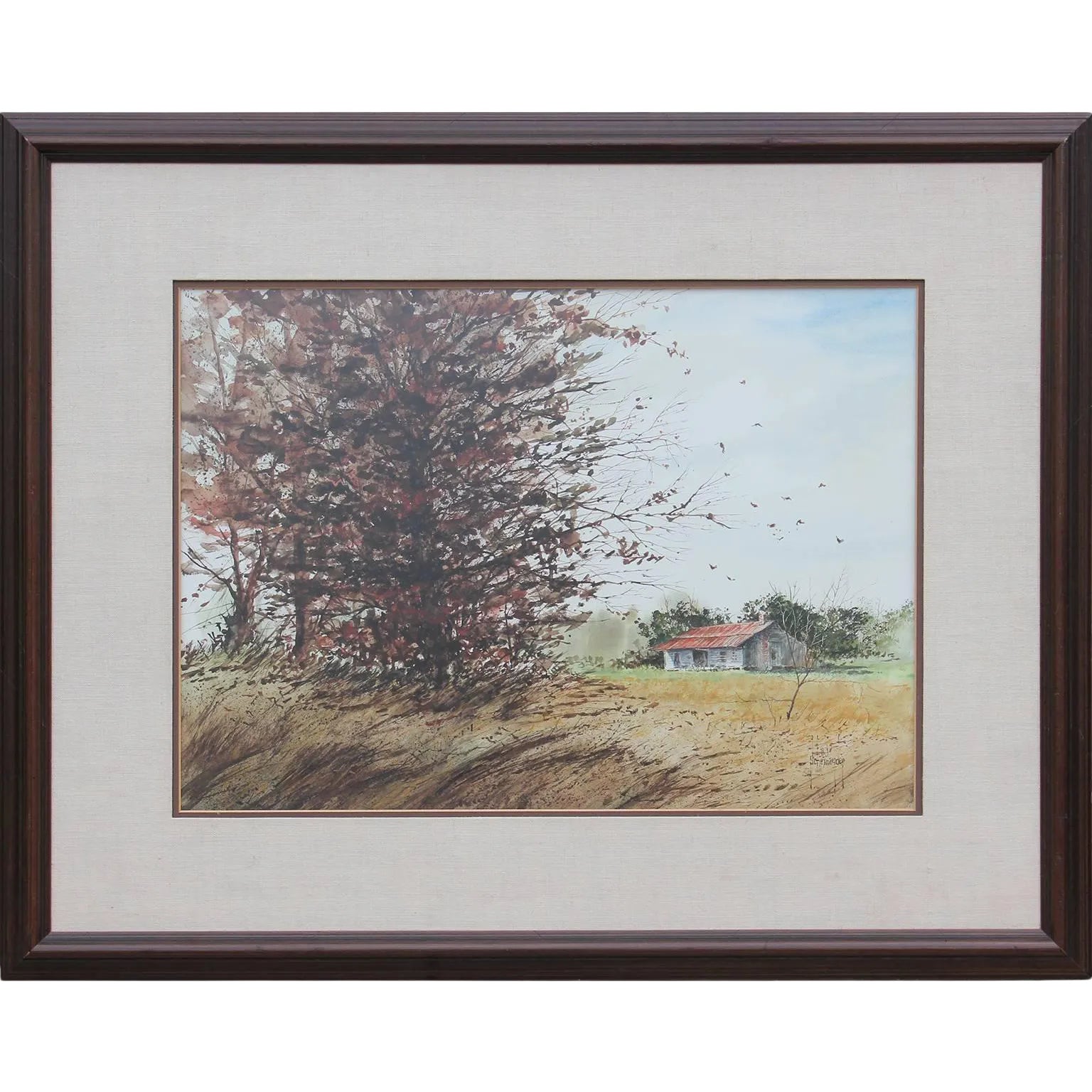 A.J. Schexnayder "West" Red Farmhouse in Field Framed Watercolor Early ...