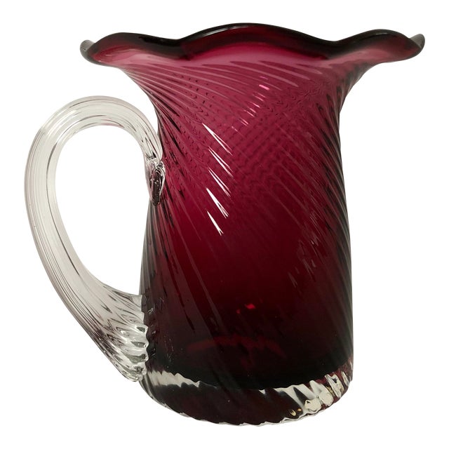 Modern Cranberry Ruffle Edge Small Pitcher | Chairish