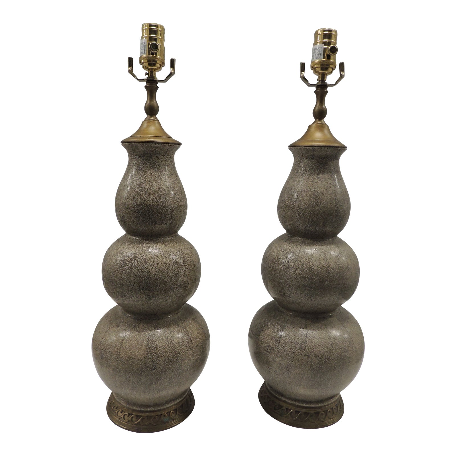 MCM Style Triple Gourd Shape Gray Shagreen Ceramic Table Lamps - A Pair ...