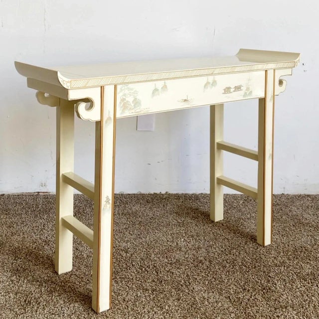 Vintage Chinese Cream Lacquered and Hand Painted Console Table | Chairish