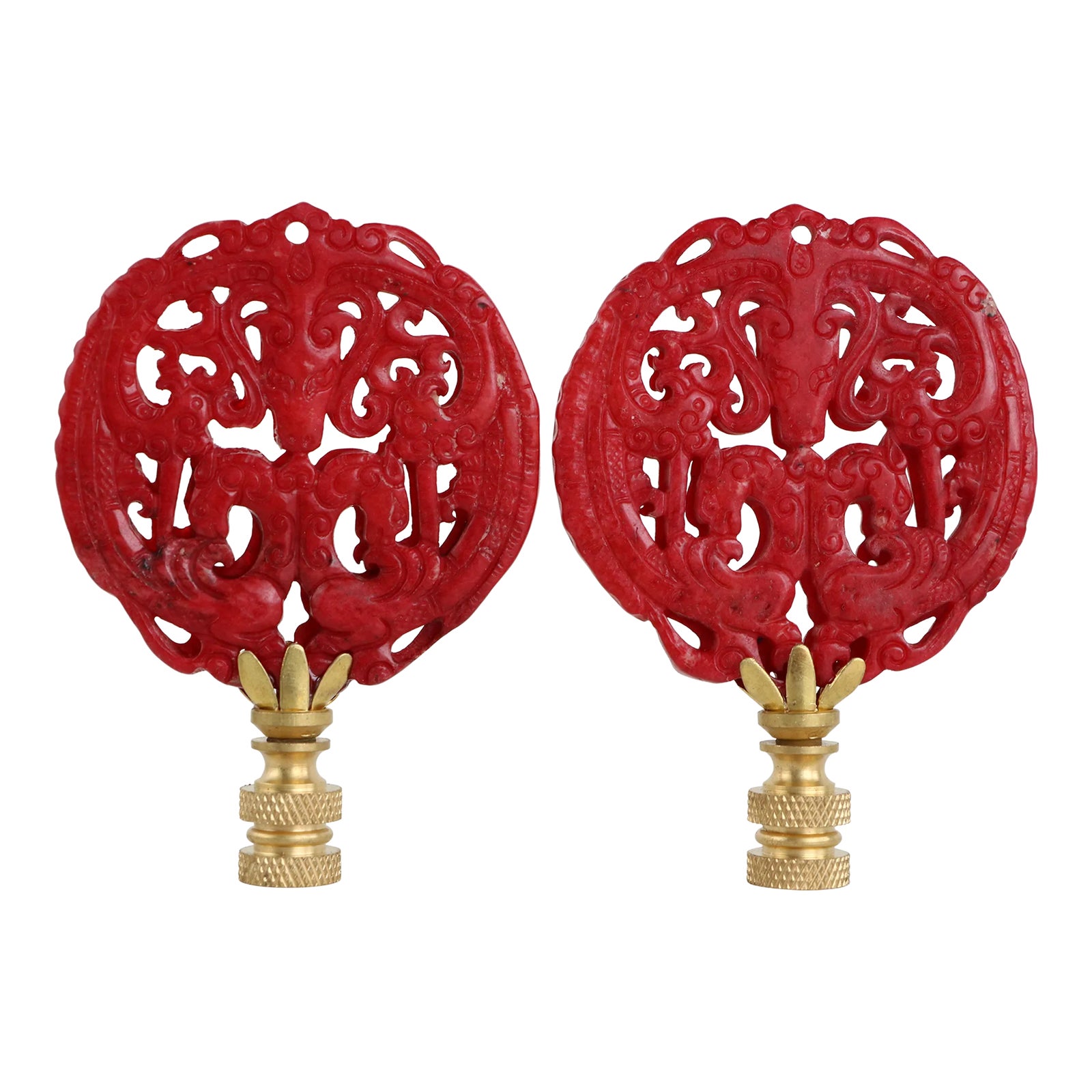 Chinese Dragon Carved Stone Lamp Finials on Brass Hardware - a Pair ...