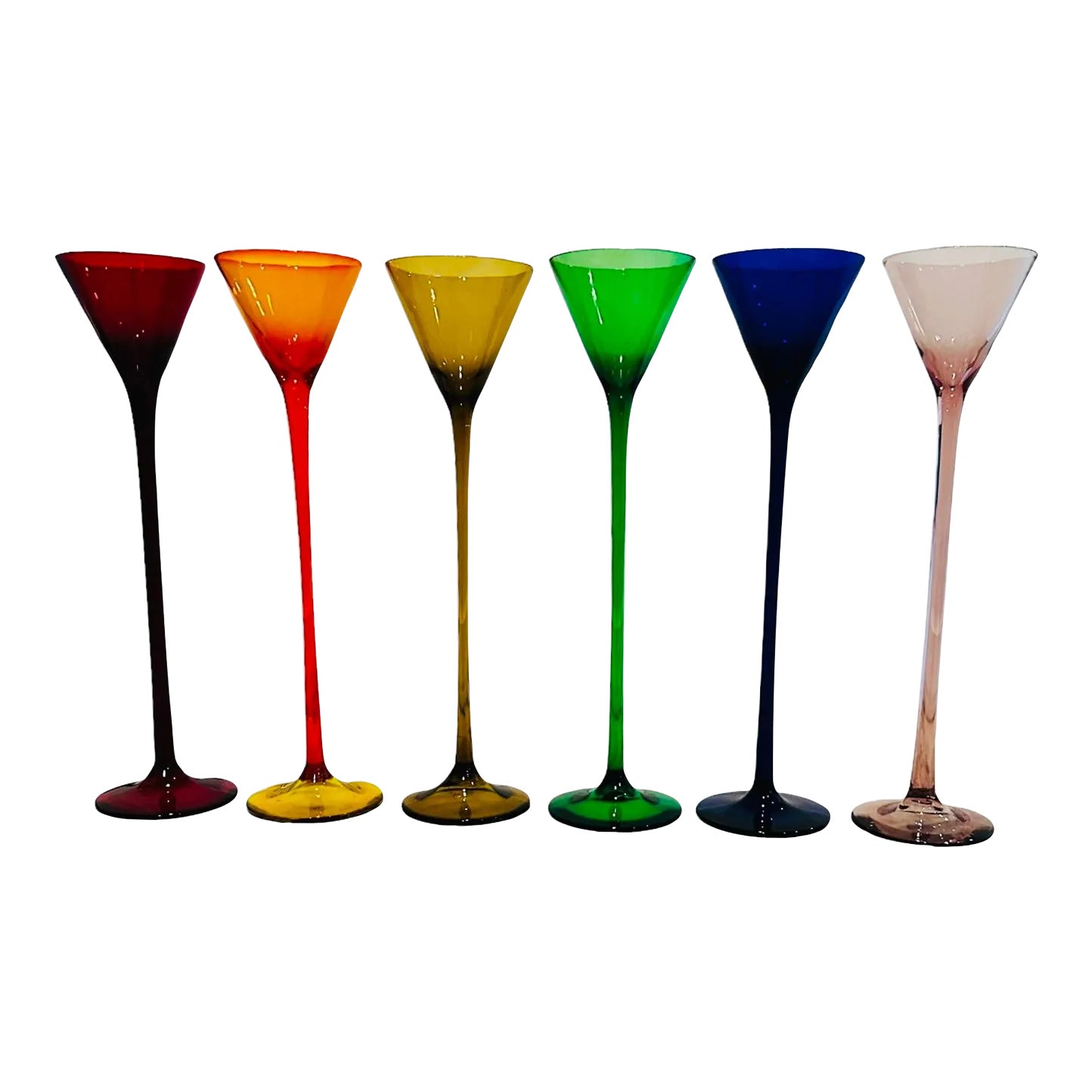 Vintage Colorful Stemware 10" Tall Glass Flutes Set of 6 | Chairish