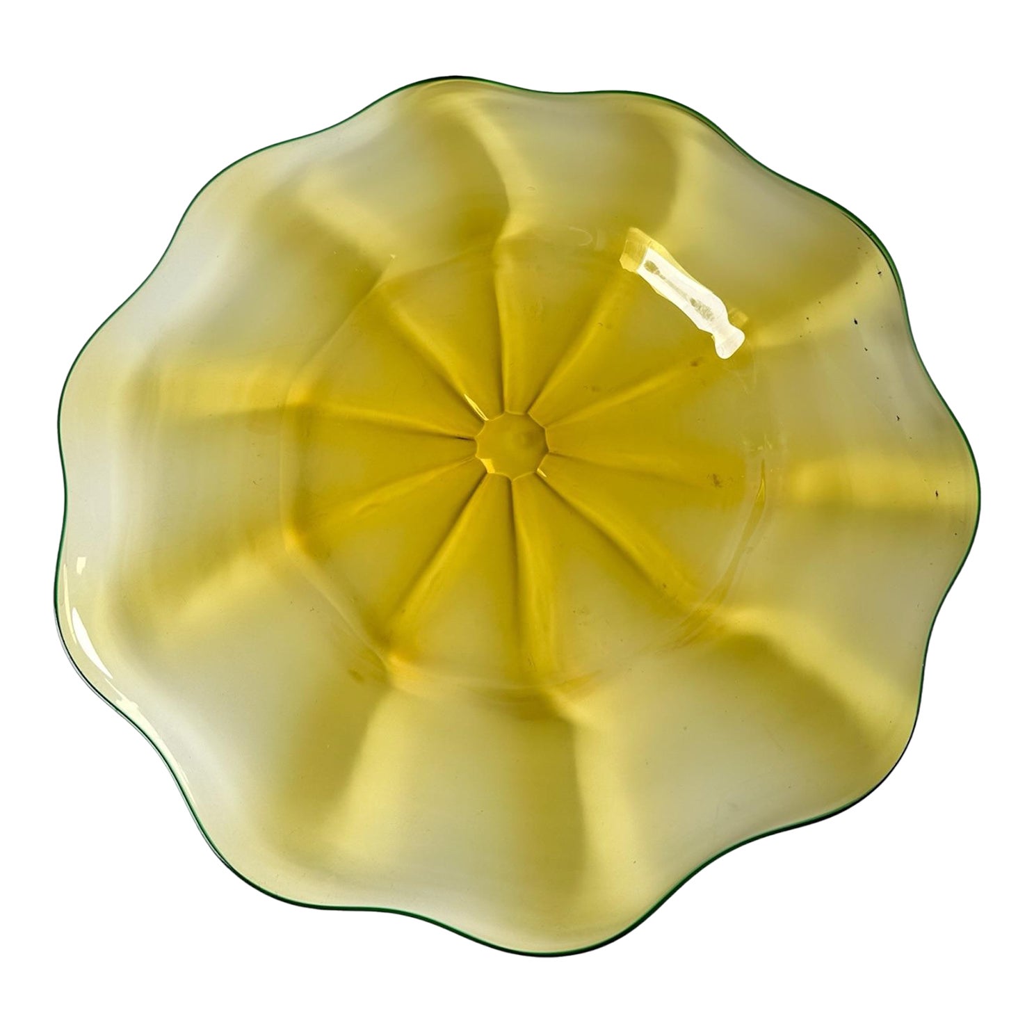 1920s Victor Durand Yellow and Green Optic Ribbed Glass Dish | Chairish
