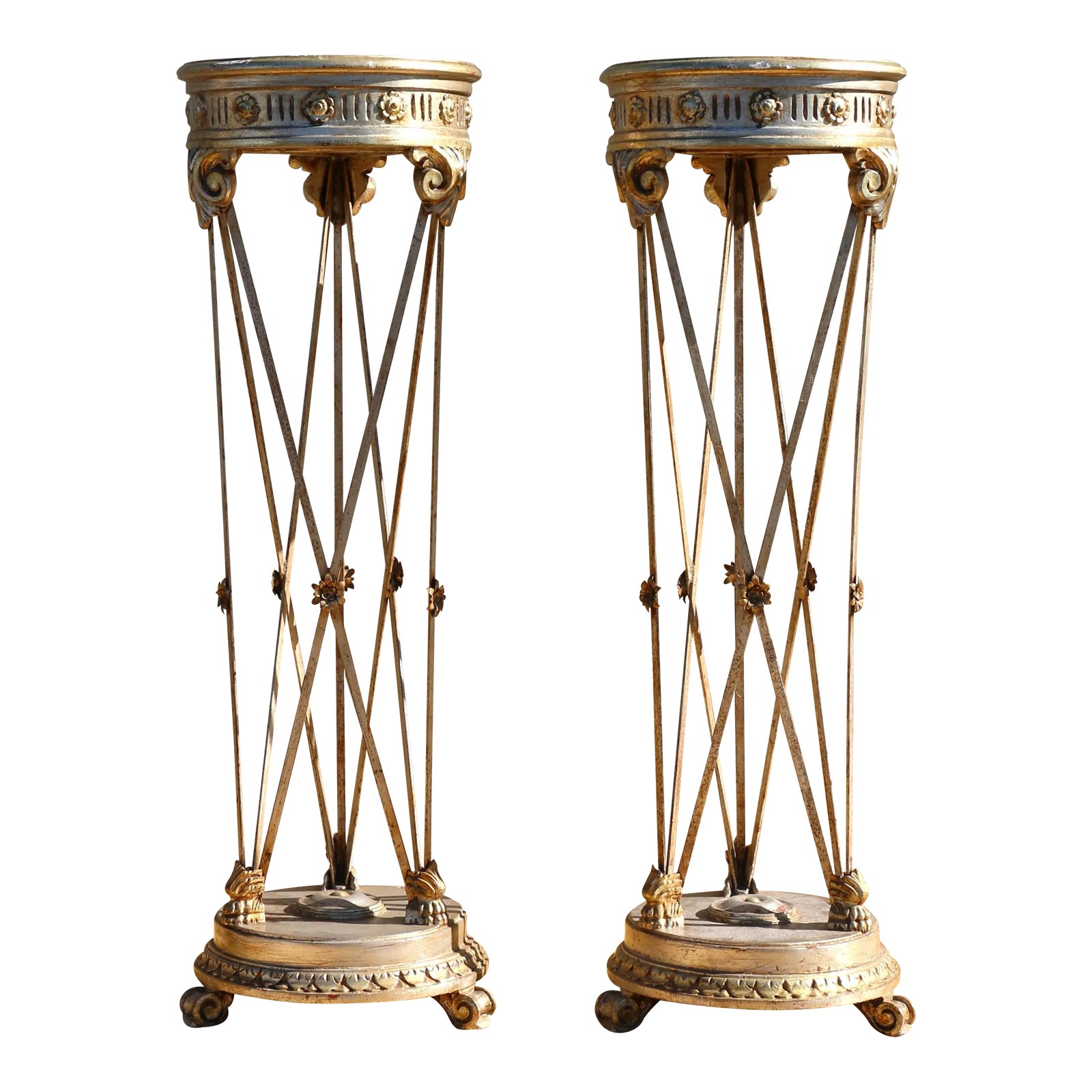 Pair of Antique Italian Wrought Iron and Silver Leaf Wood Plant Stands ...