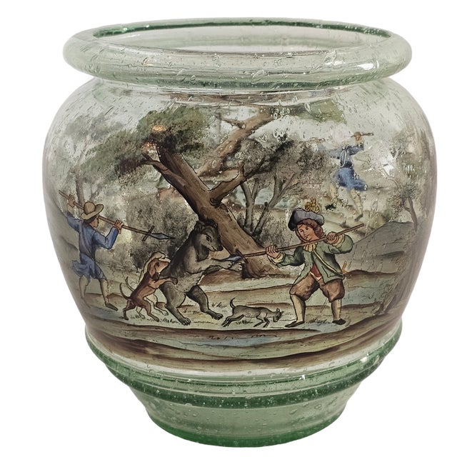 German Soda Glass Vase With Hand Painted Enameled Hunting Scene | Chairish