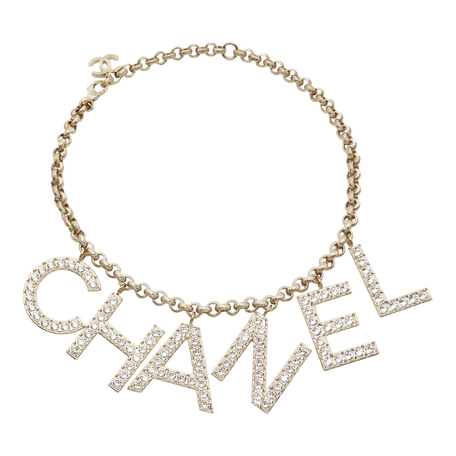 Chanel Letter Logo Crystal Gold Tone Necklace | Chairish