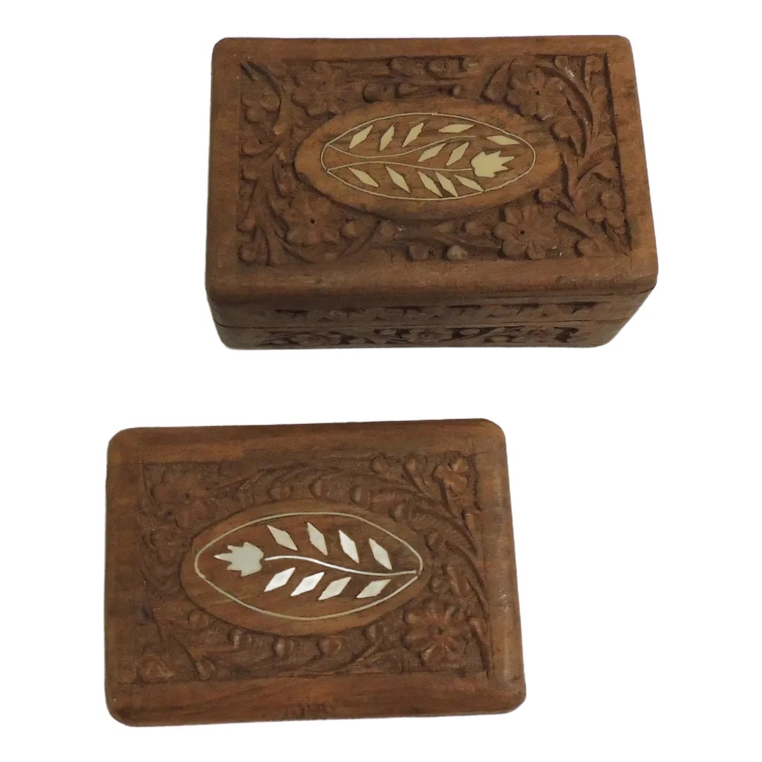 Vintage Carved Wood Indian Decorative Boxes - Set of 2 | Chairish
