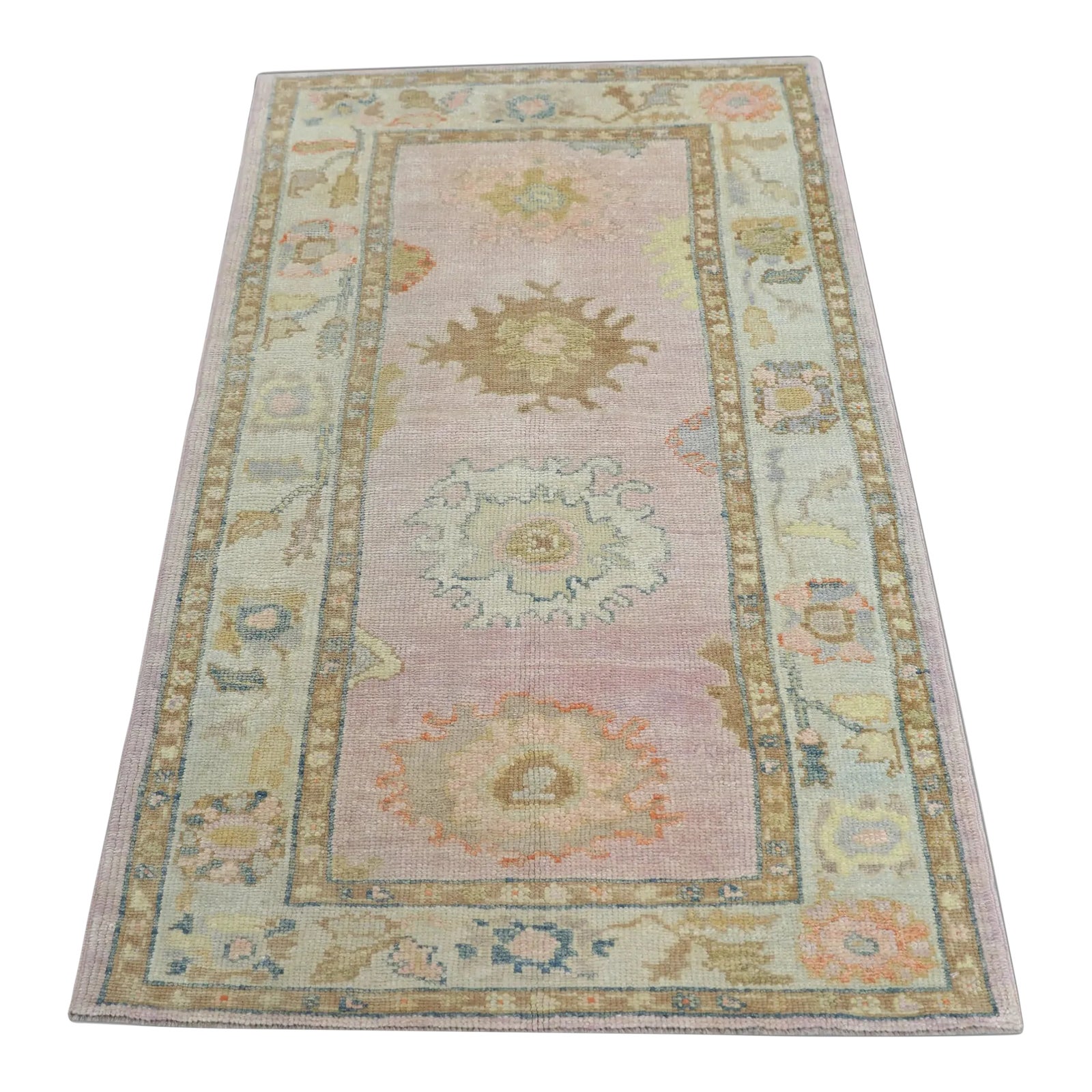 Early 21st Century Pink & Blue Handwoven Turkish Oushak Rug 3' X 5'1 ...