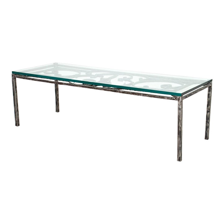 French Wrought Iron Grate Glass Top Coffee Table | Chairish