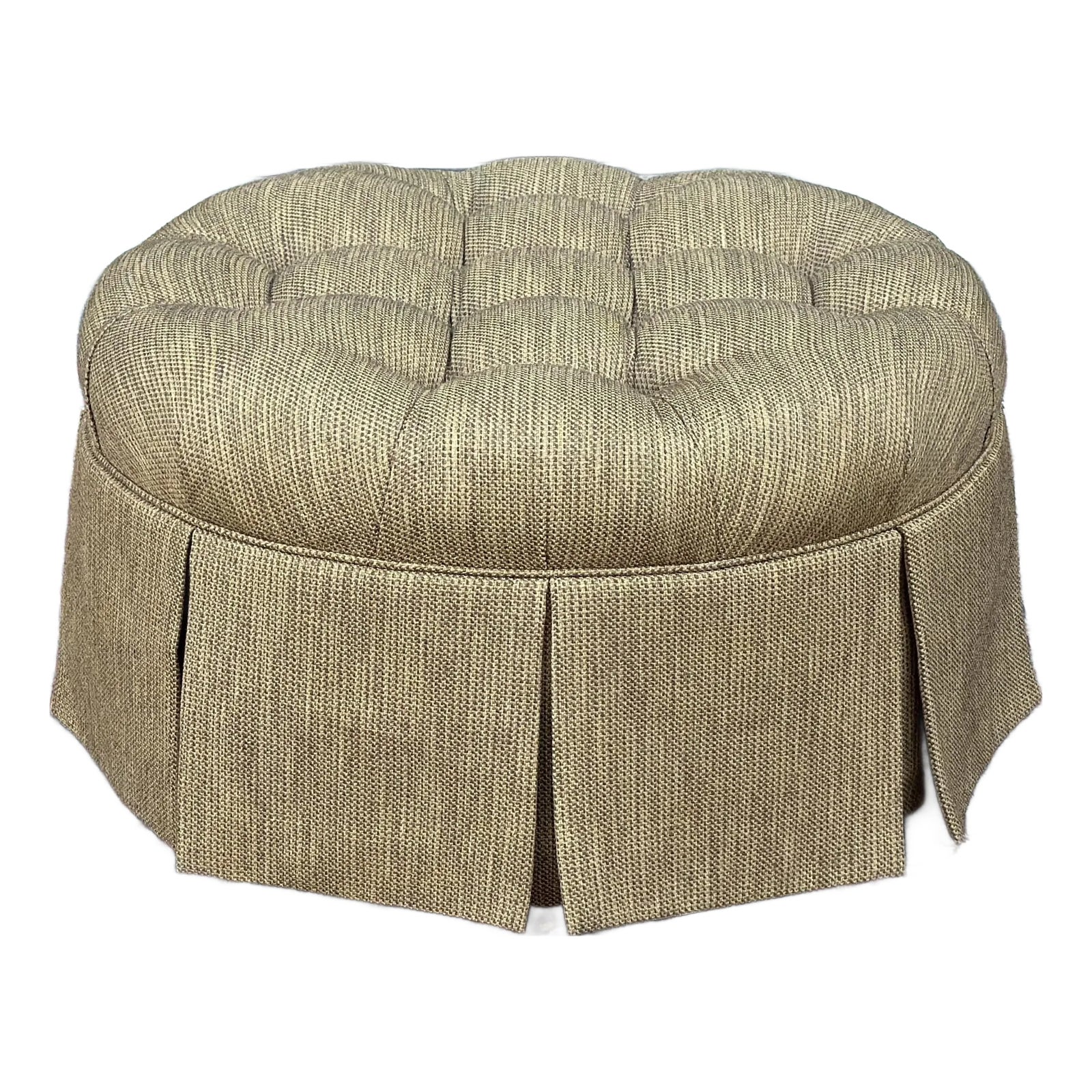 Vintage Round Tufted Ottoman on Wooden Legs With Pleated Skirt | Chairish