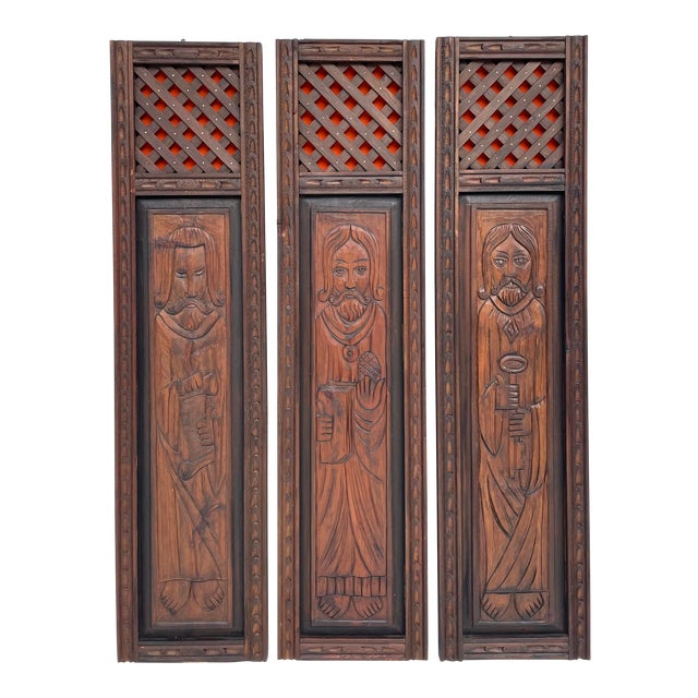 Mid-Century Wood Carved Religious Figures Wall Art Panels - Set of 3 ...