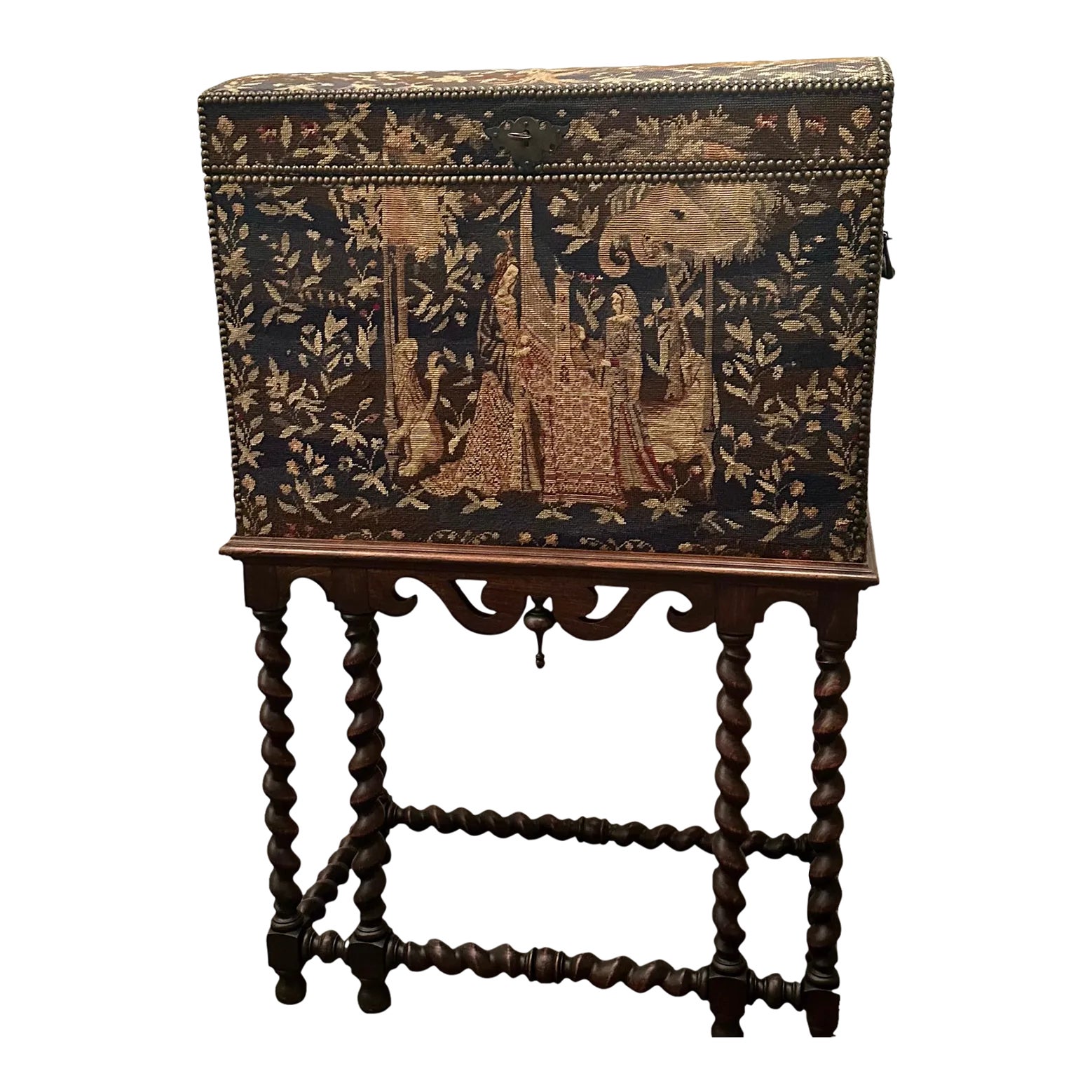 Jacobean Style Tapestry Covered Desk on Barley Twist Base | Chairish