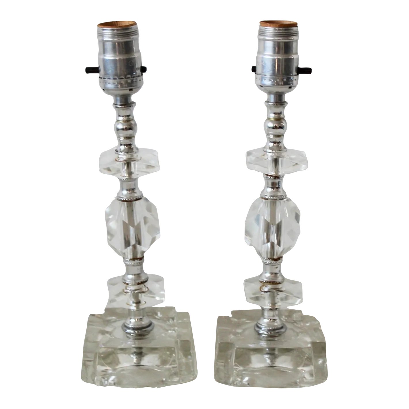 Vintage Mid Century Chrome Cut Glass Small Scale Table Lamps-A Pair ...