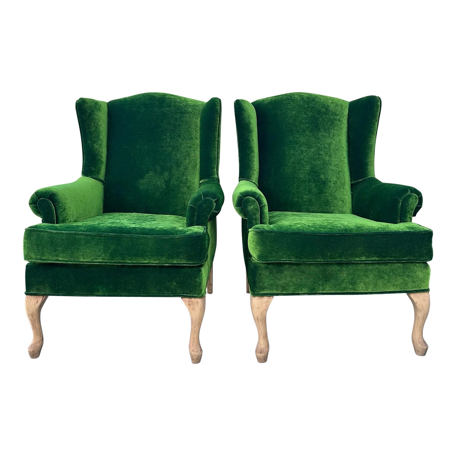 1980s Pair Green Velvet Wingback Chairs in the Style of Queen Anne ...